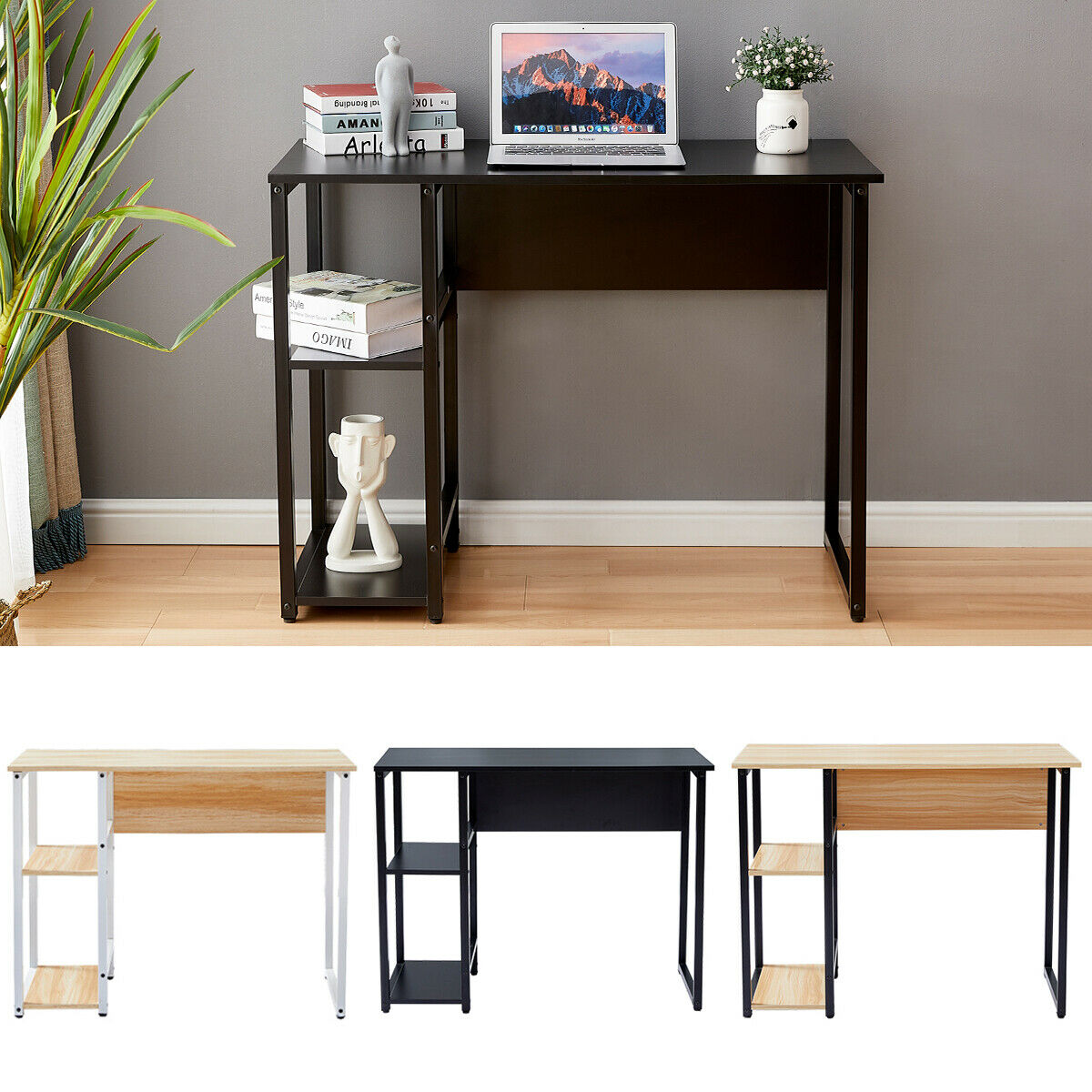 Small Wood Computer Gaming Desk with 2 Tier Shelf Corner Office Extens ...